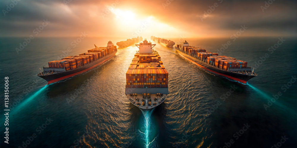 Large convoy of commercial container ships sailing across the ocean ...