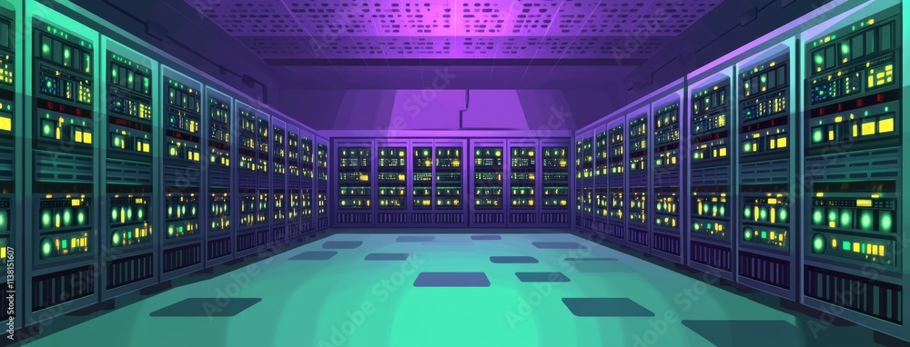 The interior of a modern data center, highlighted by green neon ...