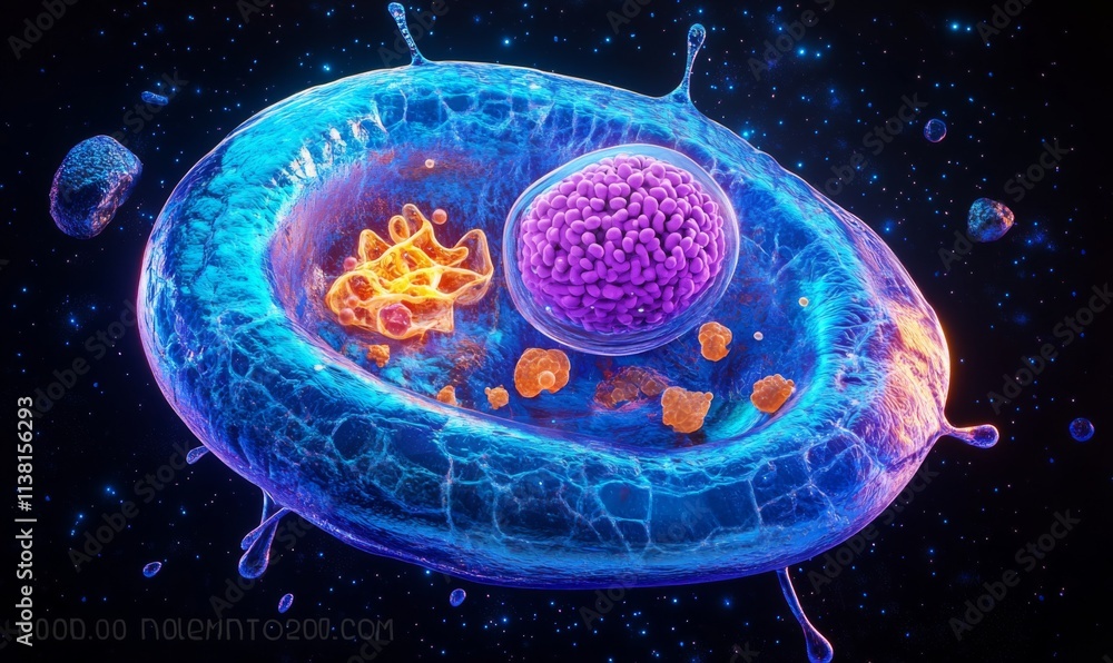 Eukaryotic cell structure with nucleus, organelles, and plasma membrane ...