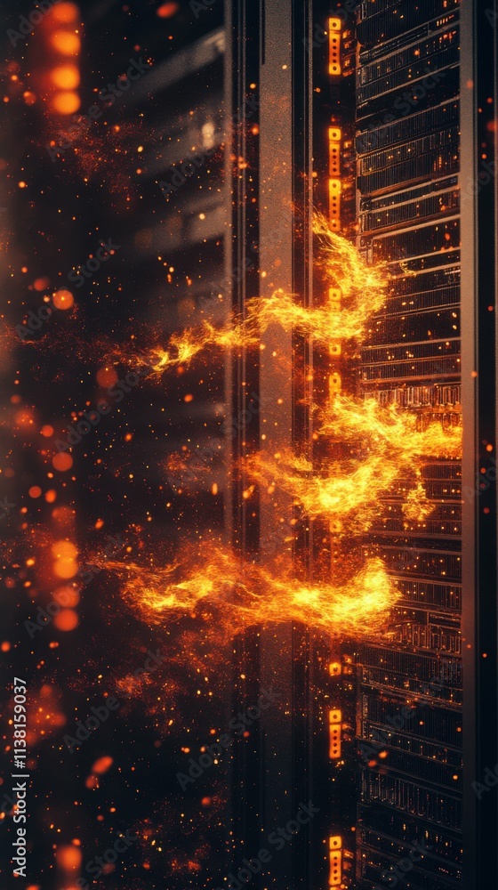 explosion of raging fire inside server racks, dark industrial ...