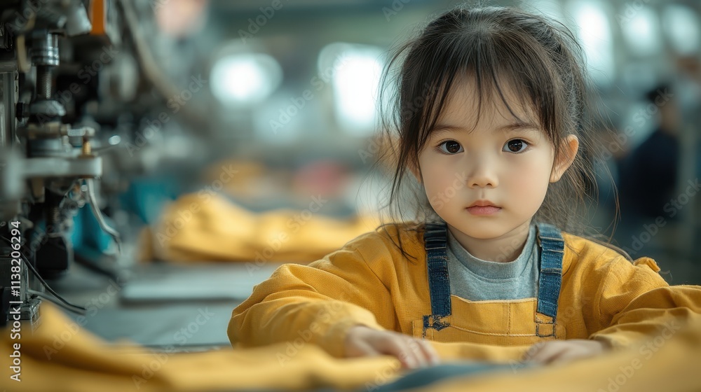 Young girl in a factory setting, representing the exploitation of child ...