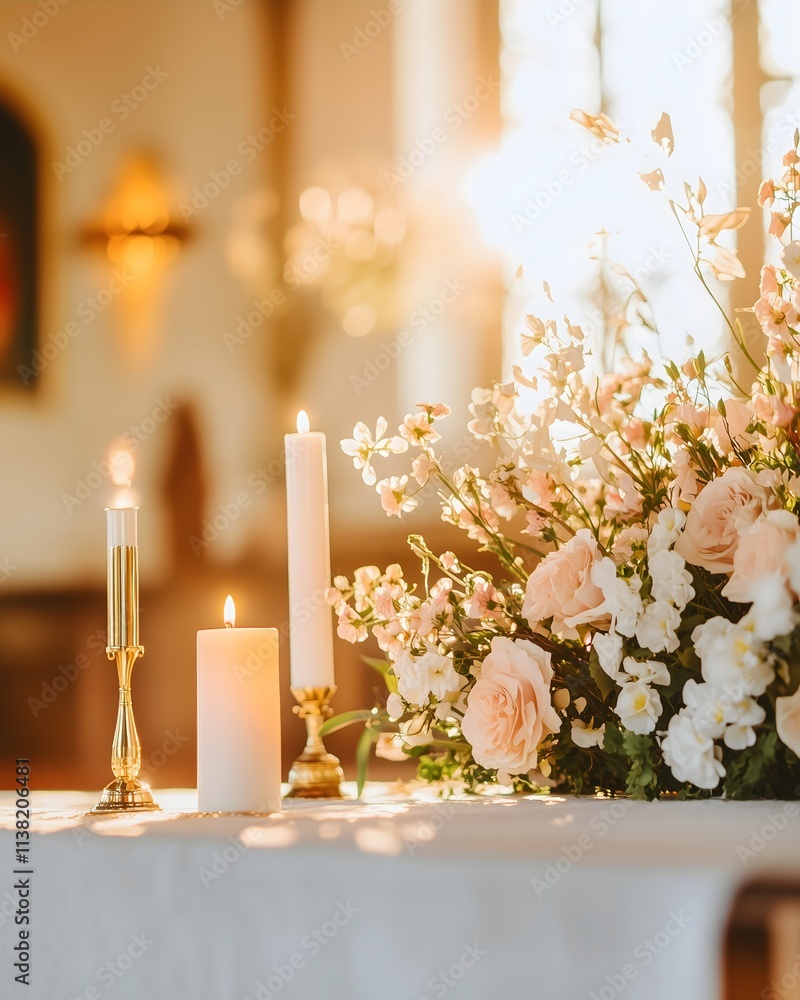 Elegant church altar with white flowers and candles, romantic wedding ...