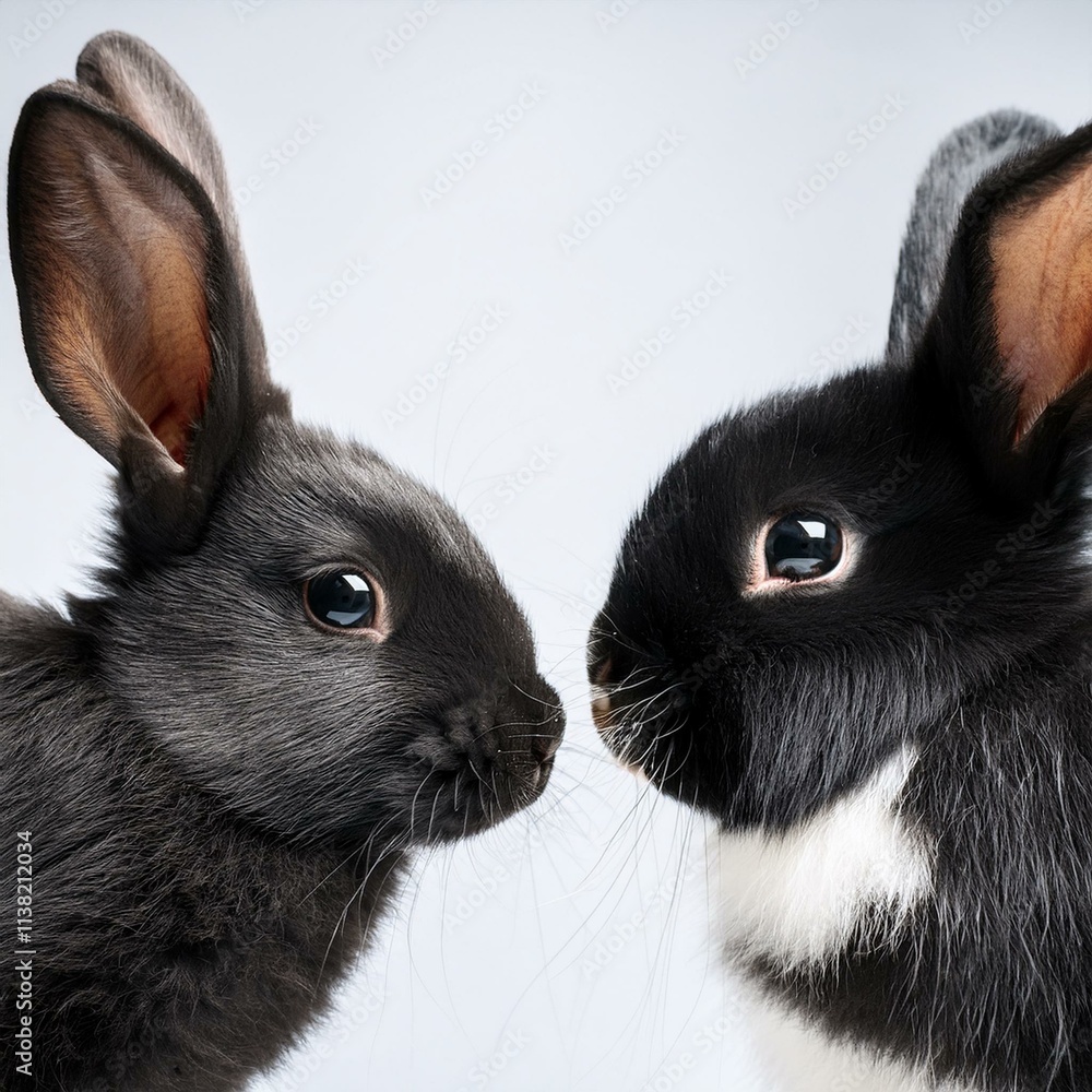 cute black rabbit and cute grey rabbit, detail of the face, AI g Stock ...