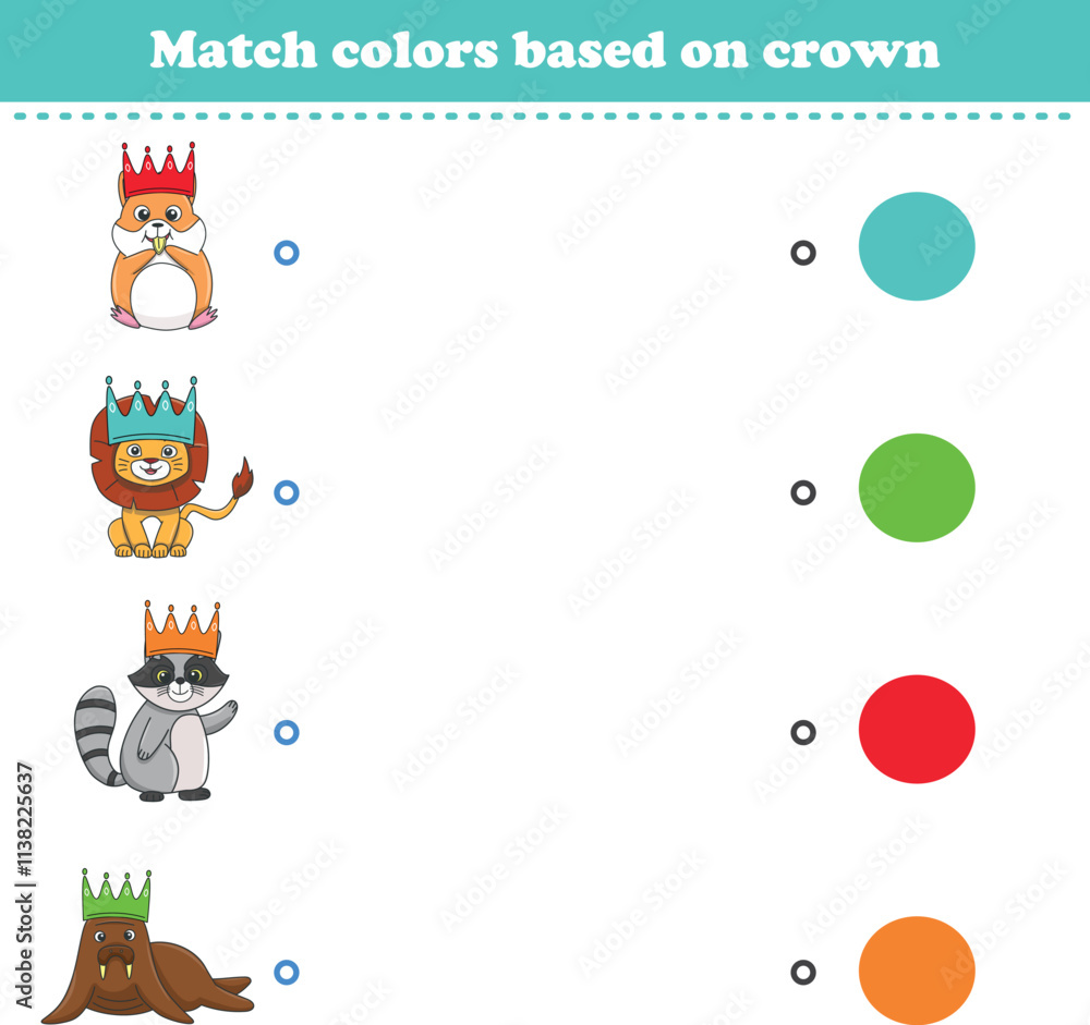 Match the color of the animal's crown. Educational game for color ...