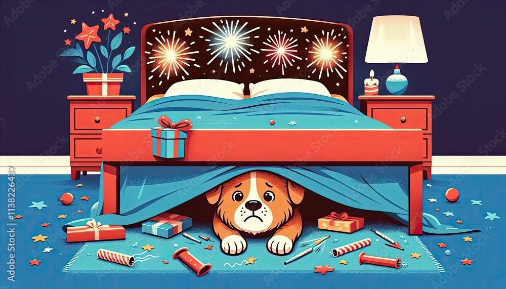 Dog hiding under bed during fireworks celebration with birthday ...