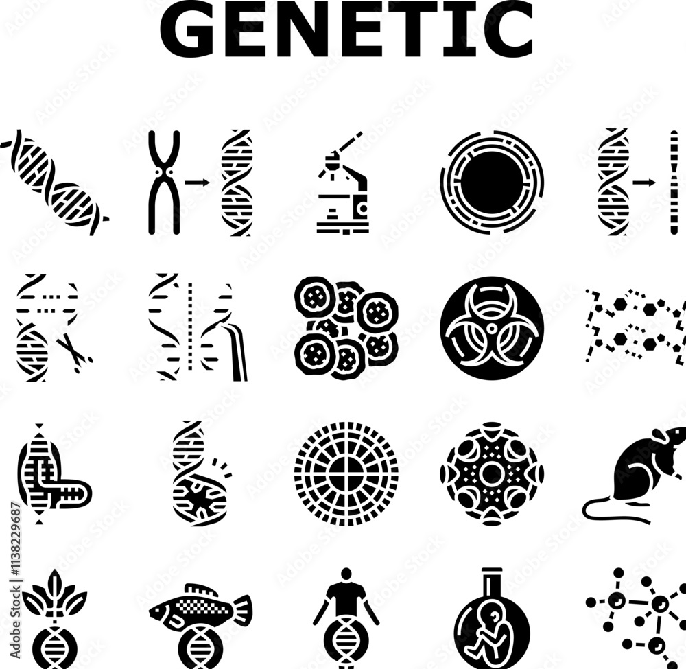 genetic engineering crispr genome icons set vector. dna editing, biotechnology genes, mutation ...