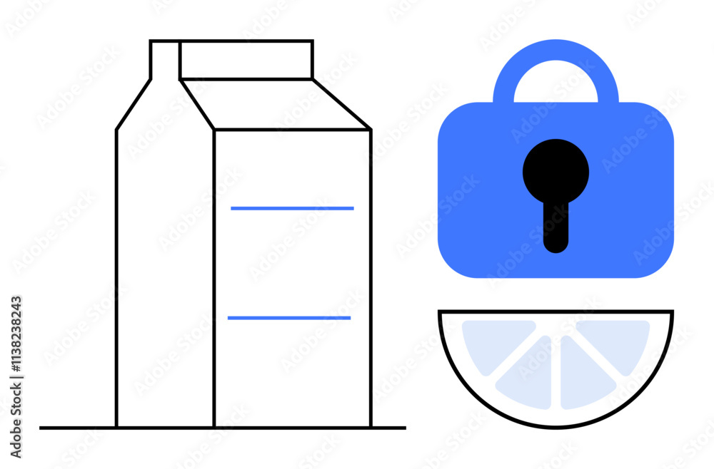 Simple image showing a milk carton, blue lock, and citrus slice aiming ...