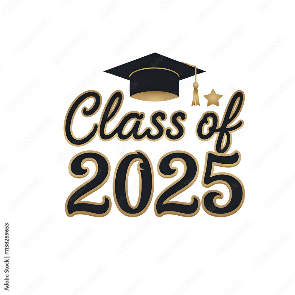 Stylized 'Class of 2025' lettering in black and gold with a small cap ...