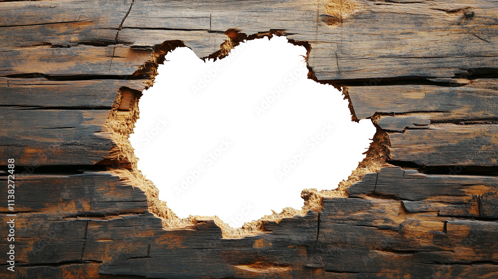 hole in the wood wall, hole break through weathered wooden board plank ...