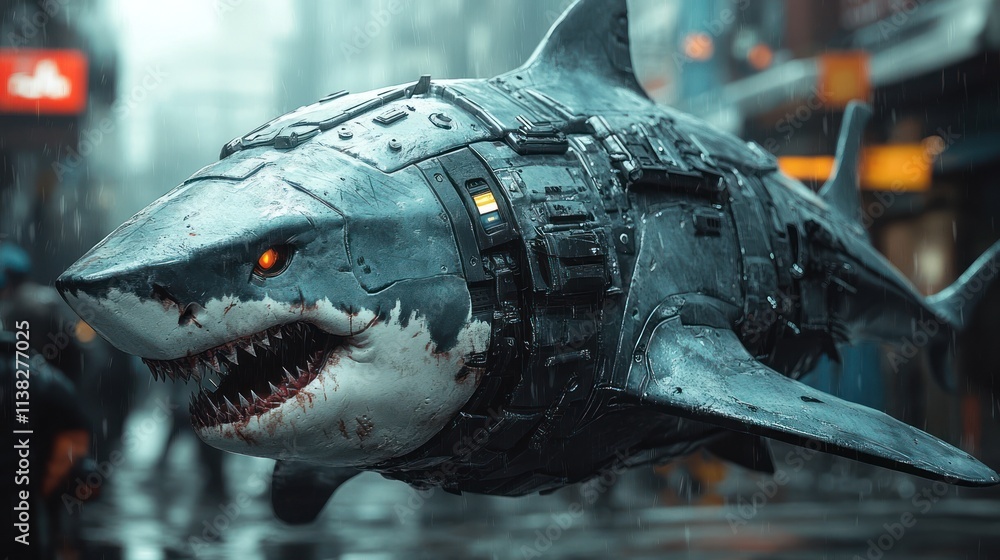 Cyborg shark attacks futuristic city in rain. Stock Illustration ...