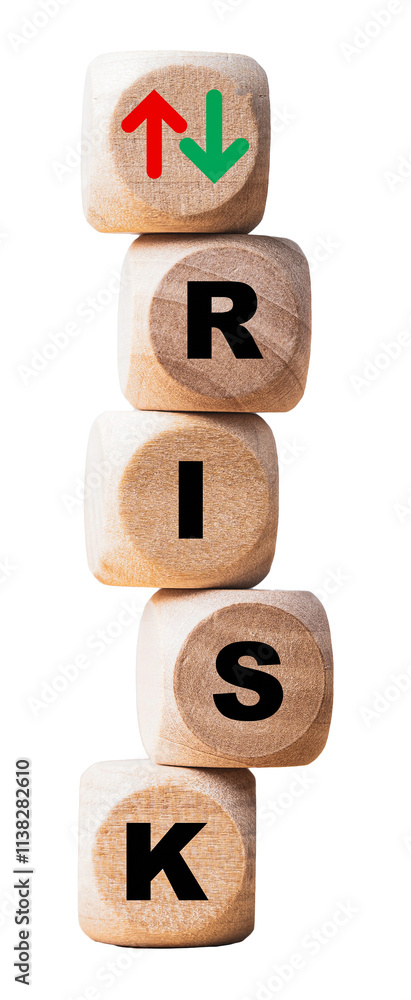 Understanding risk management with wooden cubes and directional arrows ...