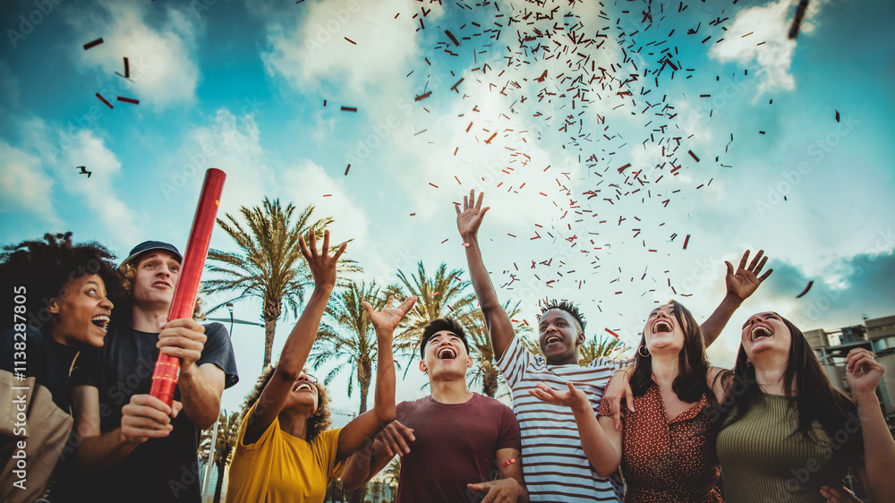 Group of friends enjoying party throwing confetti in the air ...