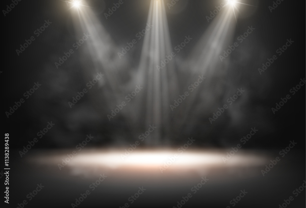 Scene illuminated by spotlights. Vector realistic empty stage with ...