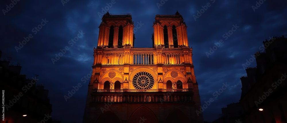 Illuminated Notre Dame Cathedral at night, showcasing its gothic ...