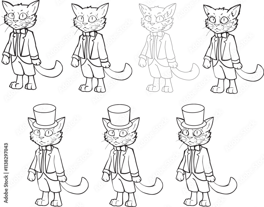 Cat cylinder hat drawing line art cartoon character children coloring ...