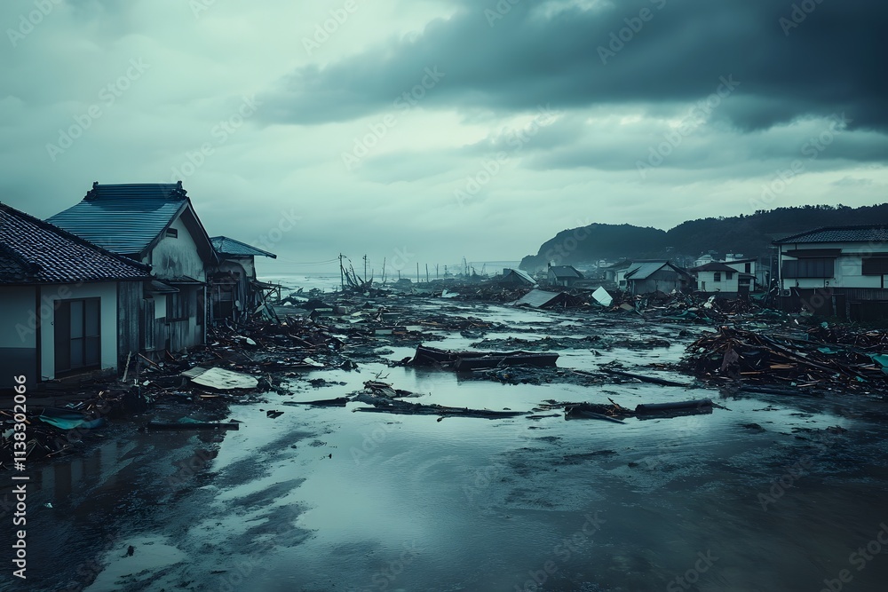 natural disaster, tsunami aftermath, flooded village, stormy sky ...
