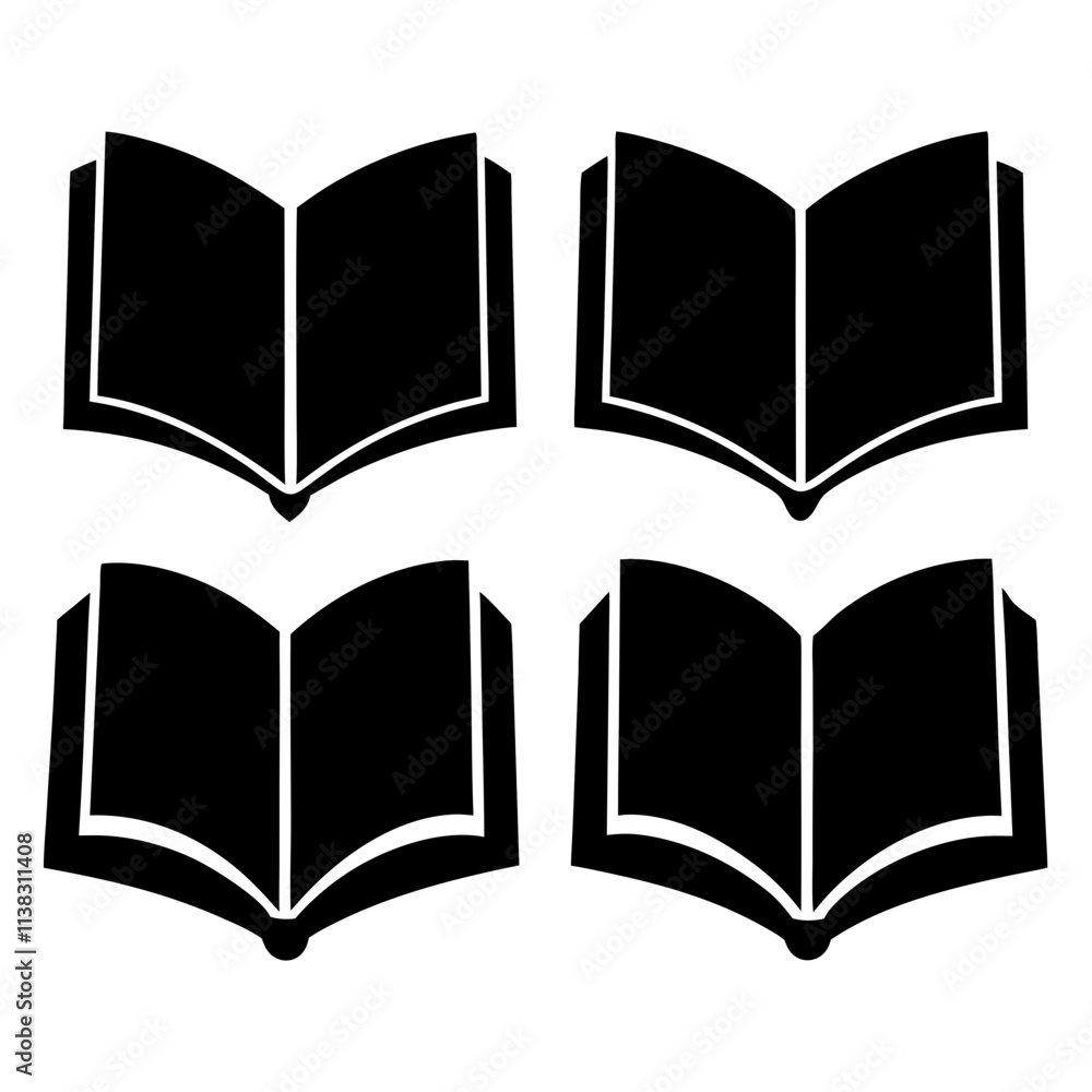 Vintage open book silhouette vector, Open book vector illustration, Black and white book vector ...