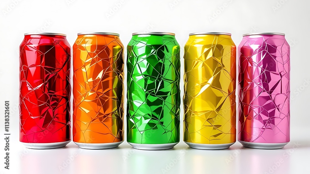 Set of crushed Energy drink soda cans in different shapes, with a ...
