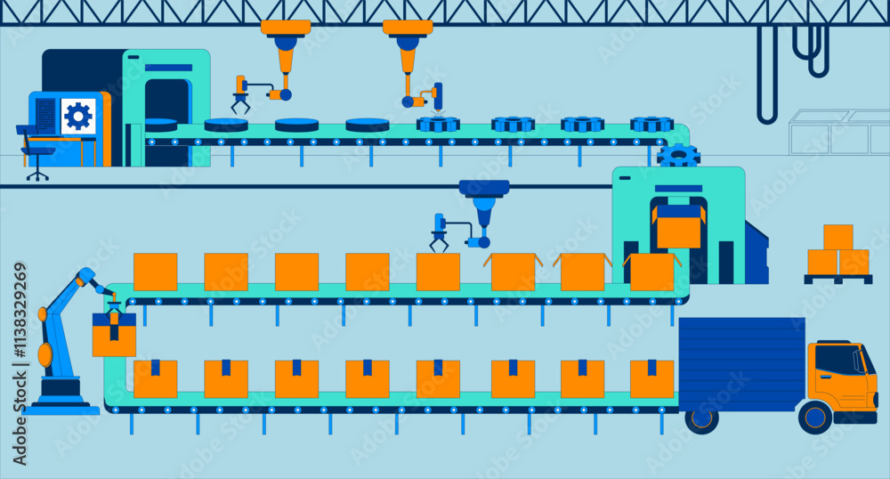 Smart factory flat illustration. Automated robotic systems. Logistics ...