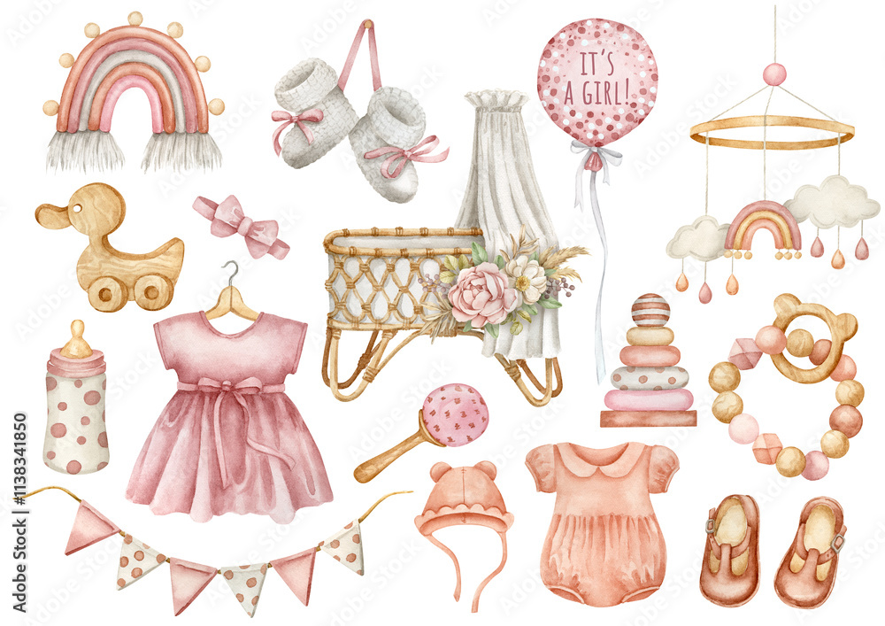Pink watercolor boho nursery clipart. Baby girl illustrations. Birthday ...