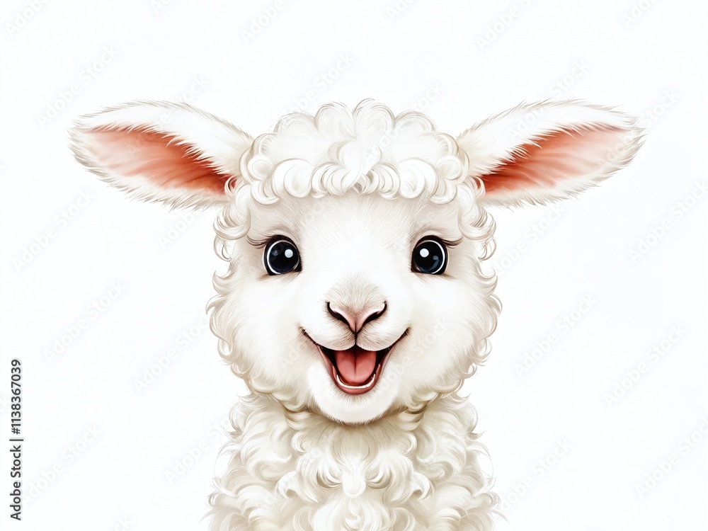 Cute smiling lamb with fluffy white fur and large expressive eyes ...