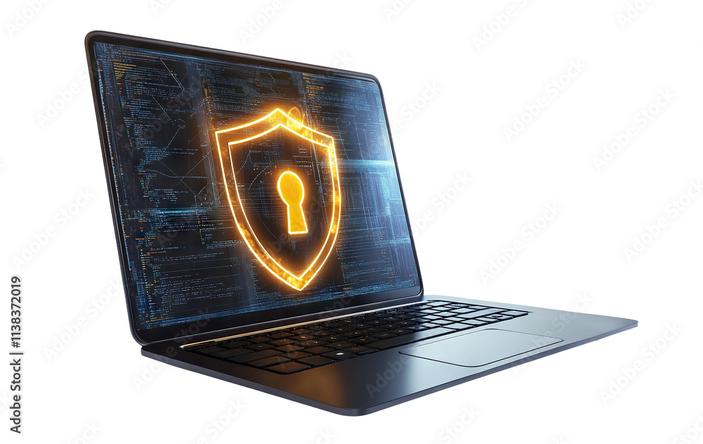 Cybersecurity concept with laptop and digital shield, isolated on ...