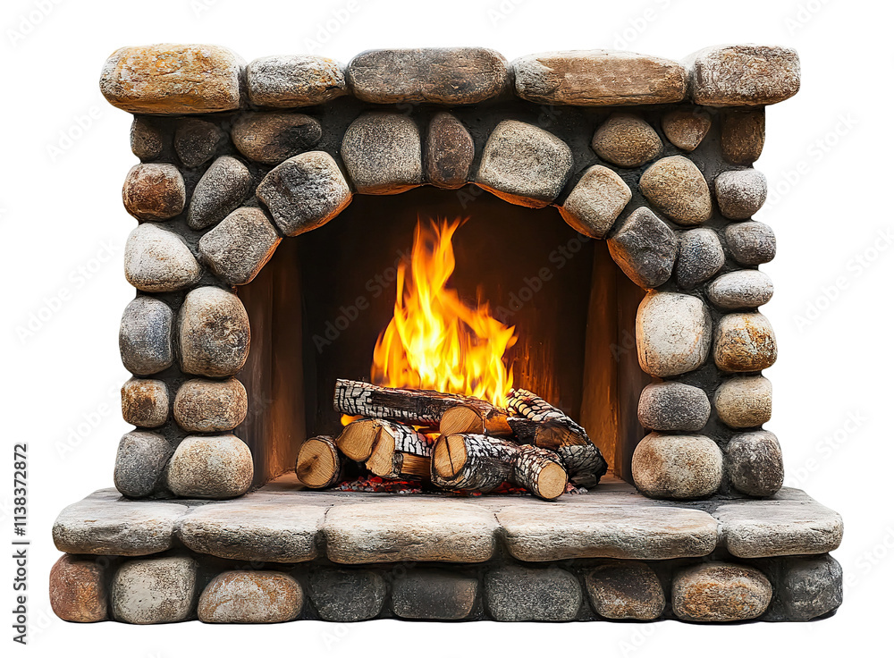 Stone fireplace with burning logs and warm fire, isolated on ...