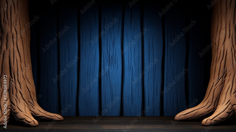Mysterious Forest Stage: Dark blue wooden planks create an eerie ...