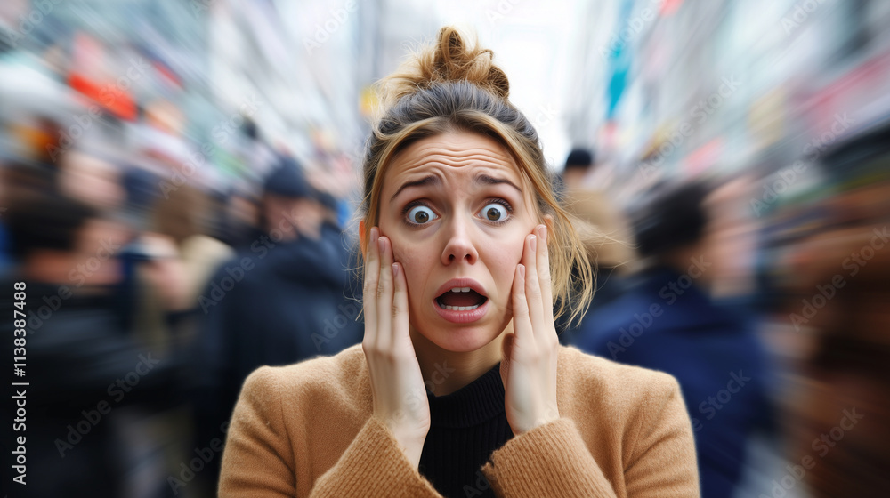 Overwhelmed Woman in Urban Chaos, Struggling with Panic Disorder A ...