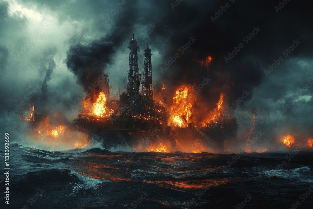 Offshore oil rig engulfed in flames and smoke creating a massive ...