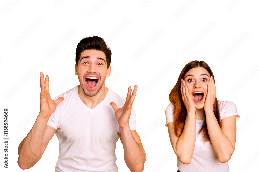 Zdjęcie bez tantiem: Close up photo amazing she her he him his couple hands arms raised air yell ...