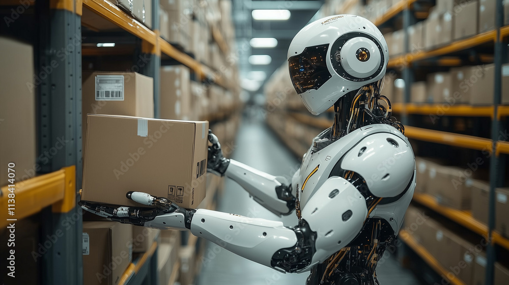Robot Holding a Box with Stacks of Boxes in the Background for Loading ...