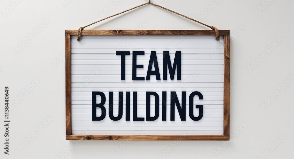 team building lettering on hanging sign board on plain white background ...