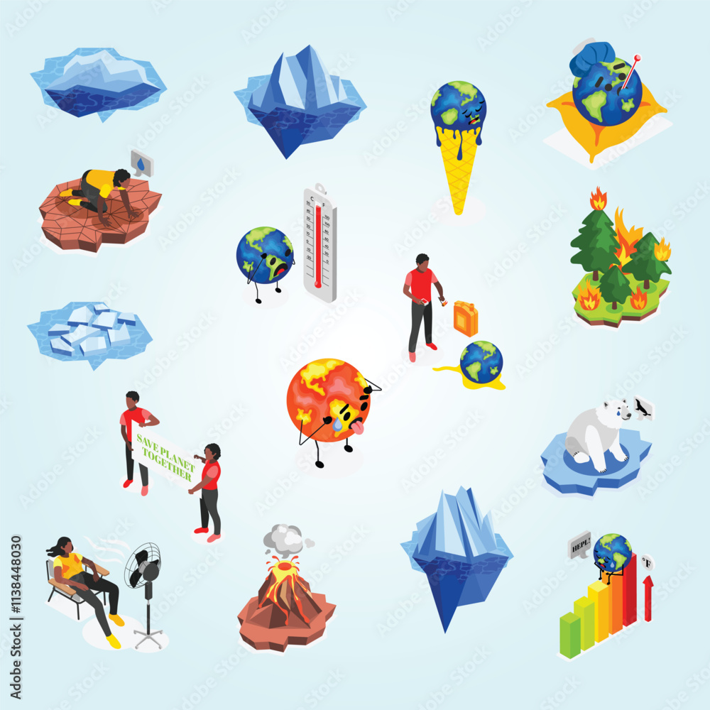 Climate change recolor set of forest fires volcanic eruption melting ...