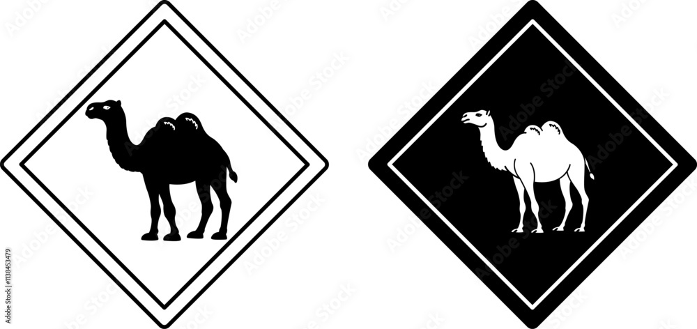 Camel Road Signs. Black and White Vector Icons. Road Sign Warning ...