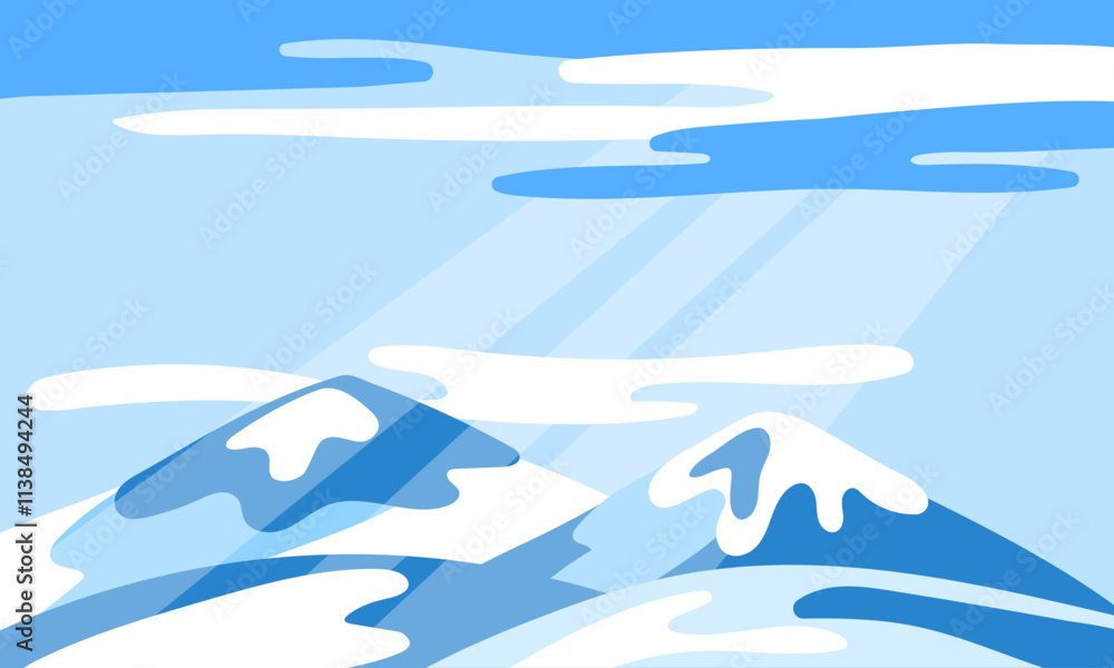 Snow-covered mountains and clear blue sky on minimalist winter ...