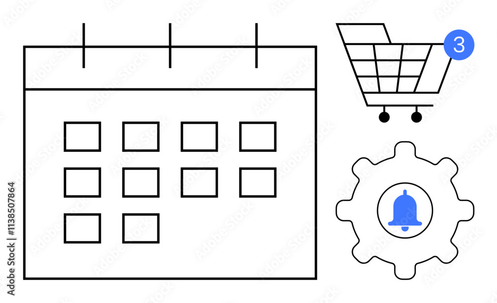 Calendar grid, shopping cart with notification badge showing 3 alerts ...