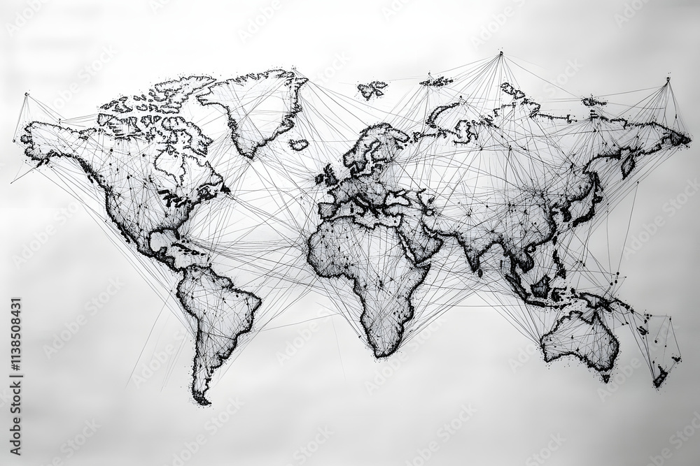World map with interconnected lines symbolizing global communication ...