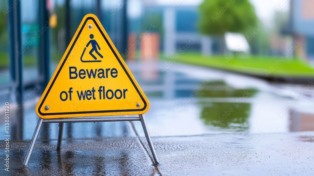 Slip hazard warning sign public space safety notice urban environment ...