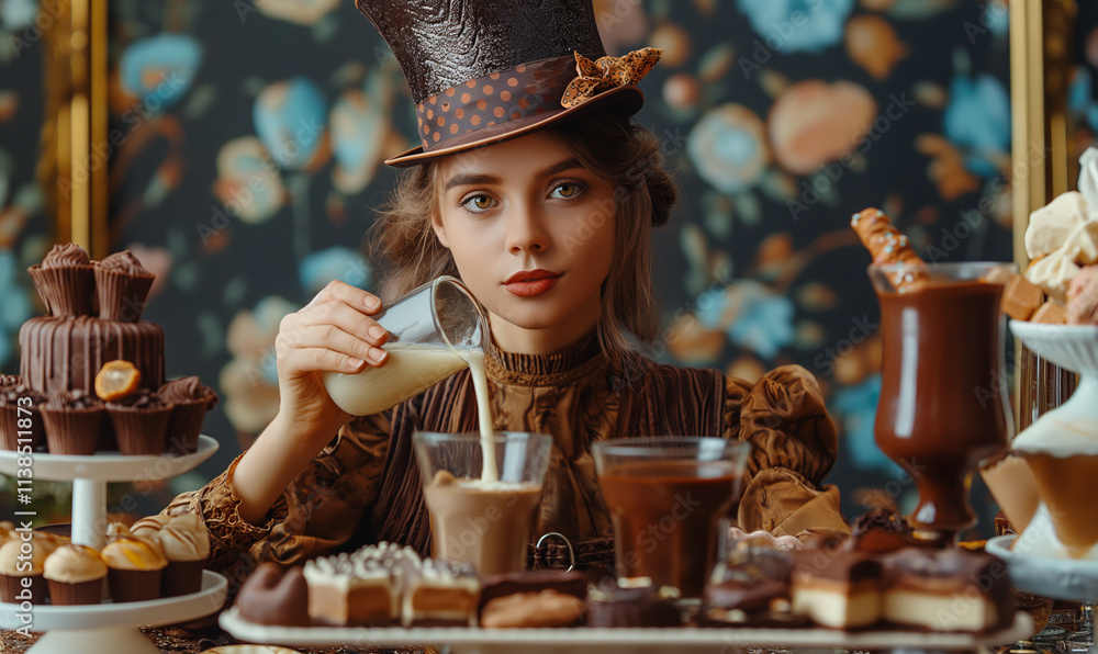 Young attractive woman in stylish clothes and sweets on a bright ...