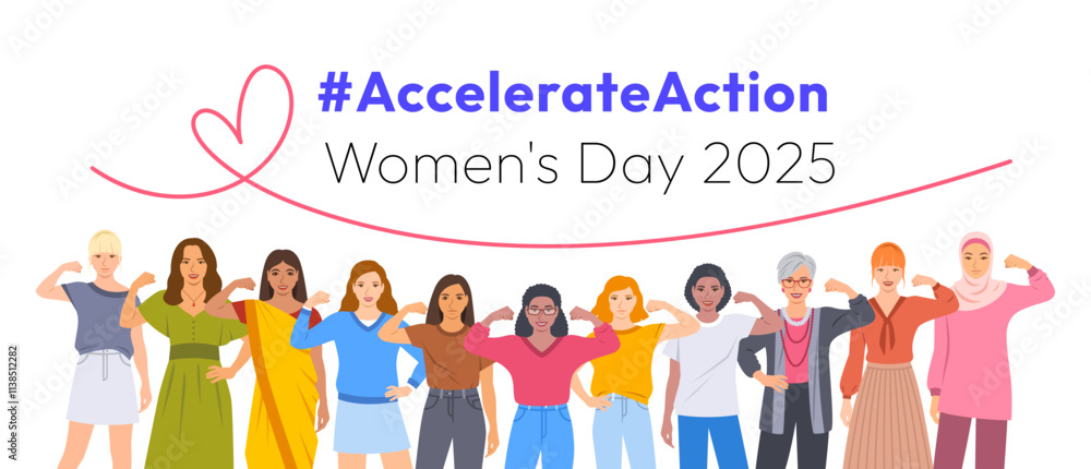 Accelerate Action campaign pose. International Women's Day 2025. Diverse women show solidarity ...