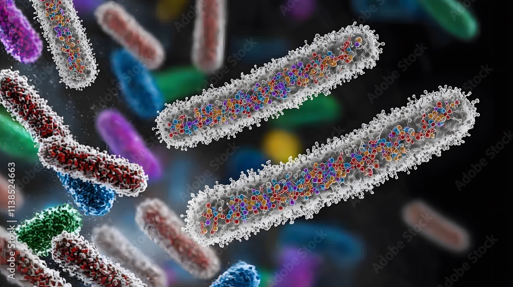 of bacteria mutating, overlaid with an image of genetic codes ...