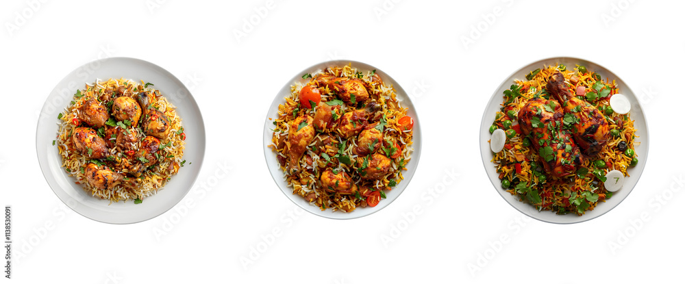 set of chicken biryani in a plate isolated on a transparent background ...