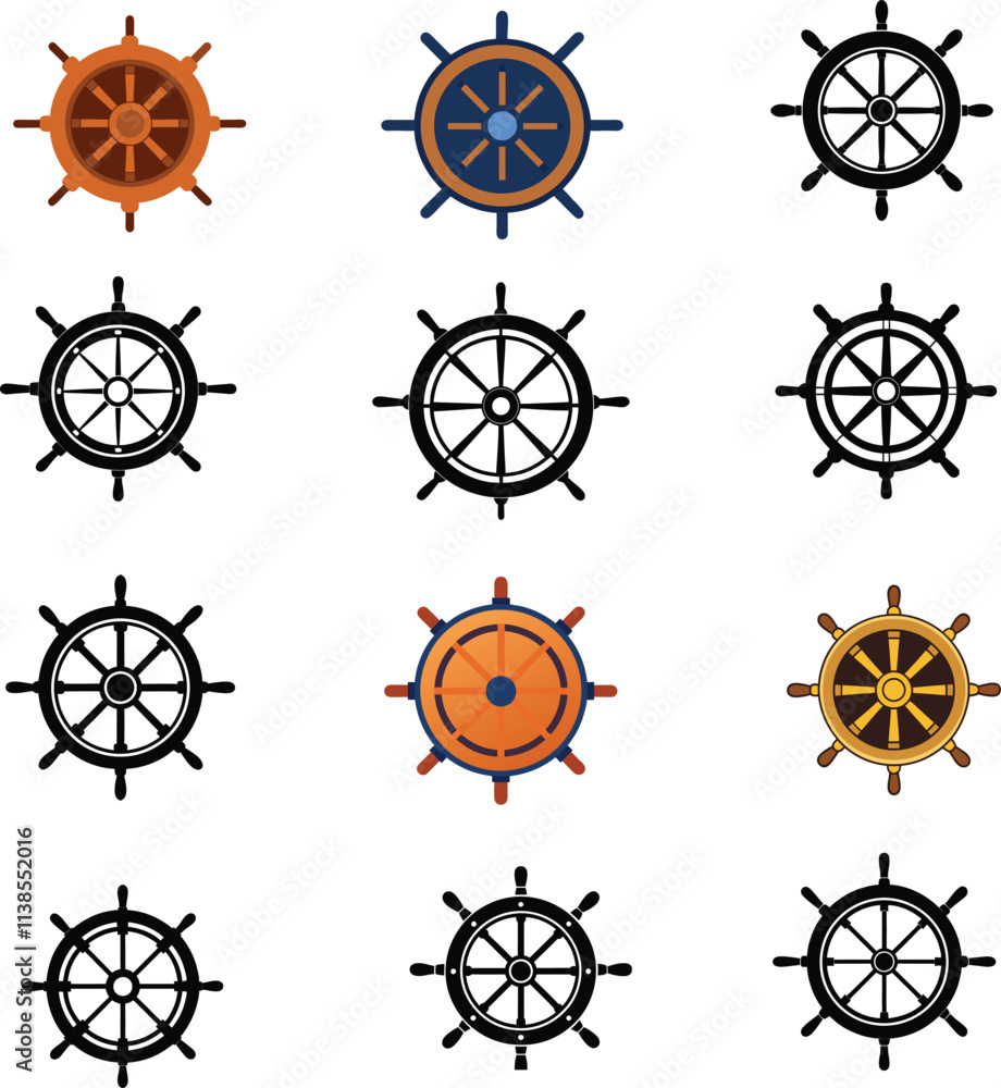 Ship Wheel Vector Illustration Set. Old Navy Ship Rubber Wheel Sign ...