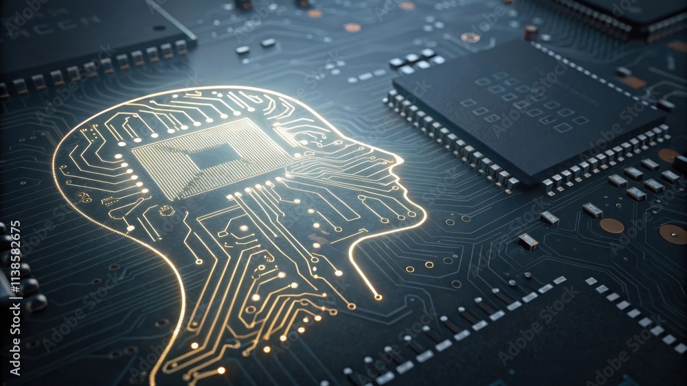 Glowing circuits outlining a human head on a computer motherboard ...