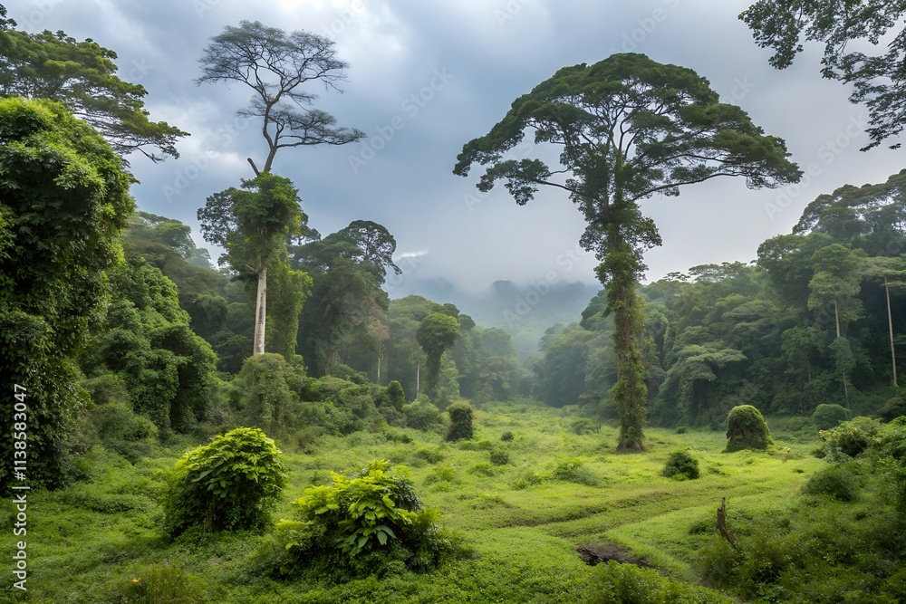 The African rainforest landscape features dense, lush greenery ...