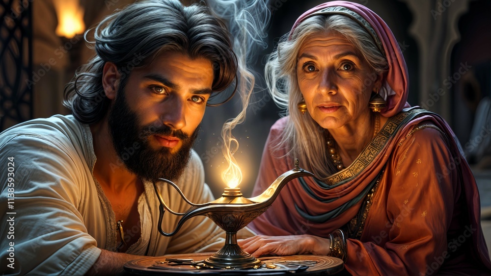 Aladdin and his mother look at the magic lamp in surprise. The Tale of ...