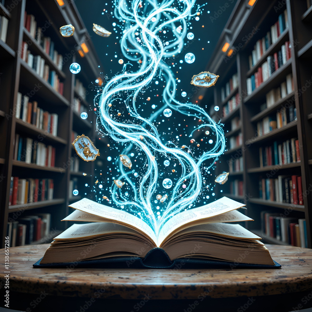 Enchanted book releasing radiant energy and floating symbols in a ...