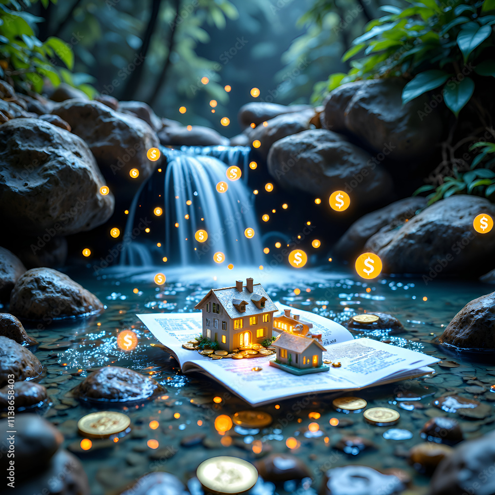 Enchanting house model on open book by waterfall with glittering coins ...