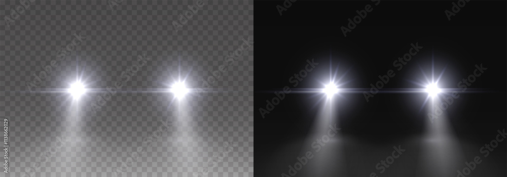 Cars headlight effect. Realistic white round flares beams isolated on ...
